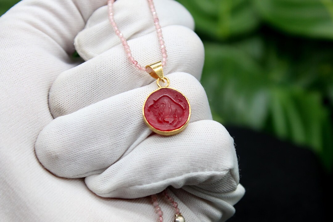 Pink Topaz Beads and Taurus Intaglio Glass Silver Necklace – Handmade ...