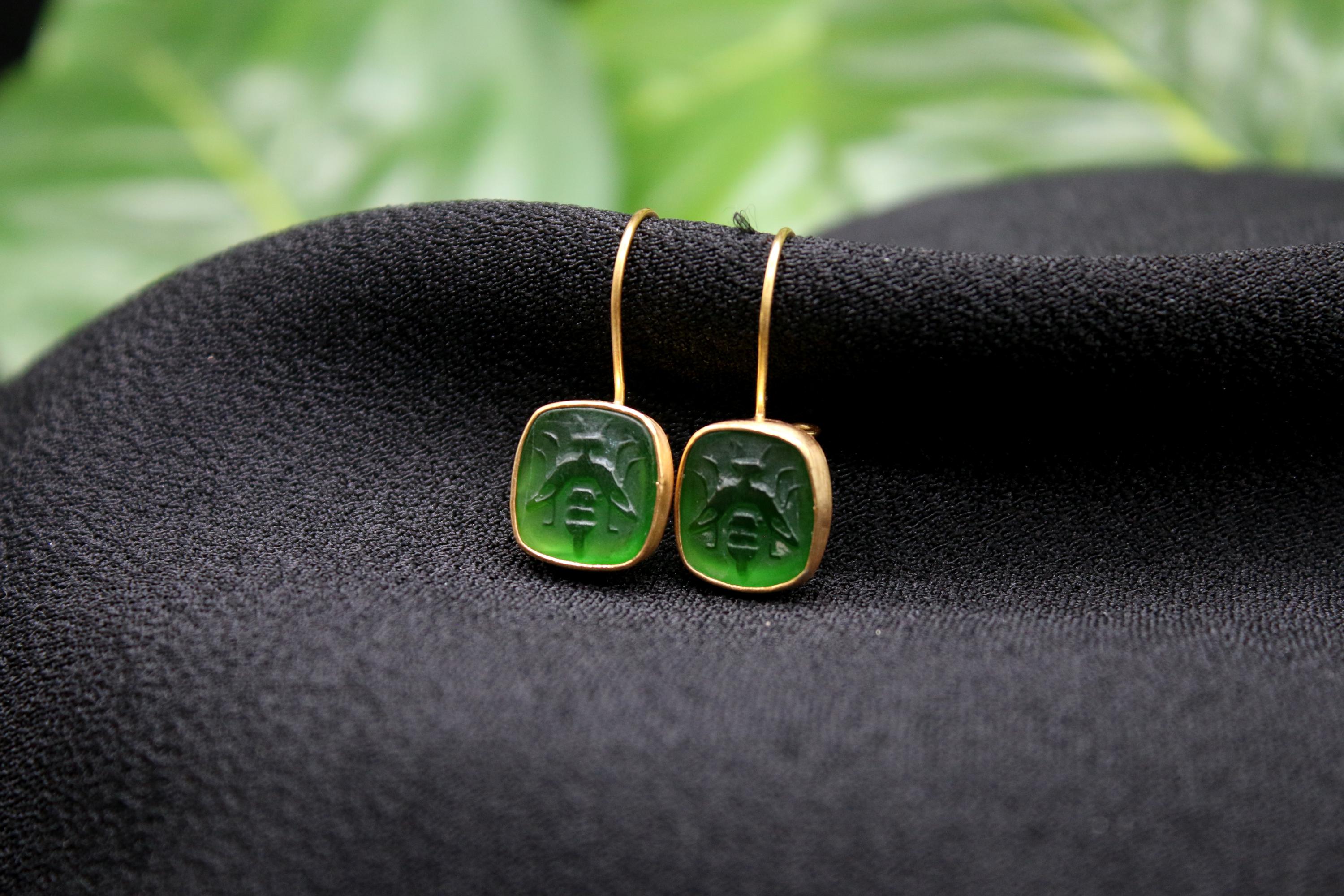 Minimalist Bee Green Intaglio Glass Silver Earrings: A Perfect Handmade ...