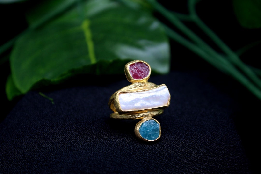 Vintage Style Ring, Handmade Ruby, Apatite, and Pearl Ring, 925 ...