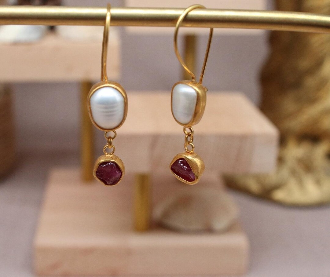 Pearl and Raw Ruby Silver Earrings,freshwater Pearl and Natural Ruby ...