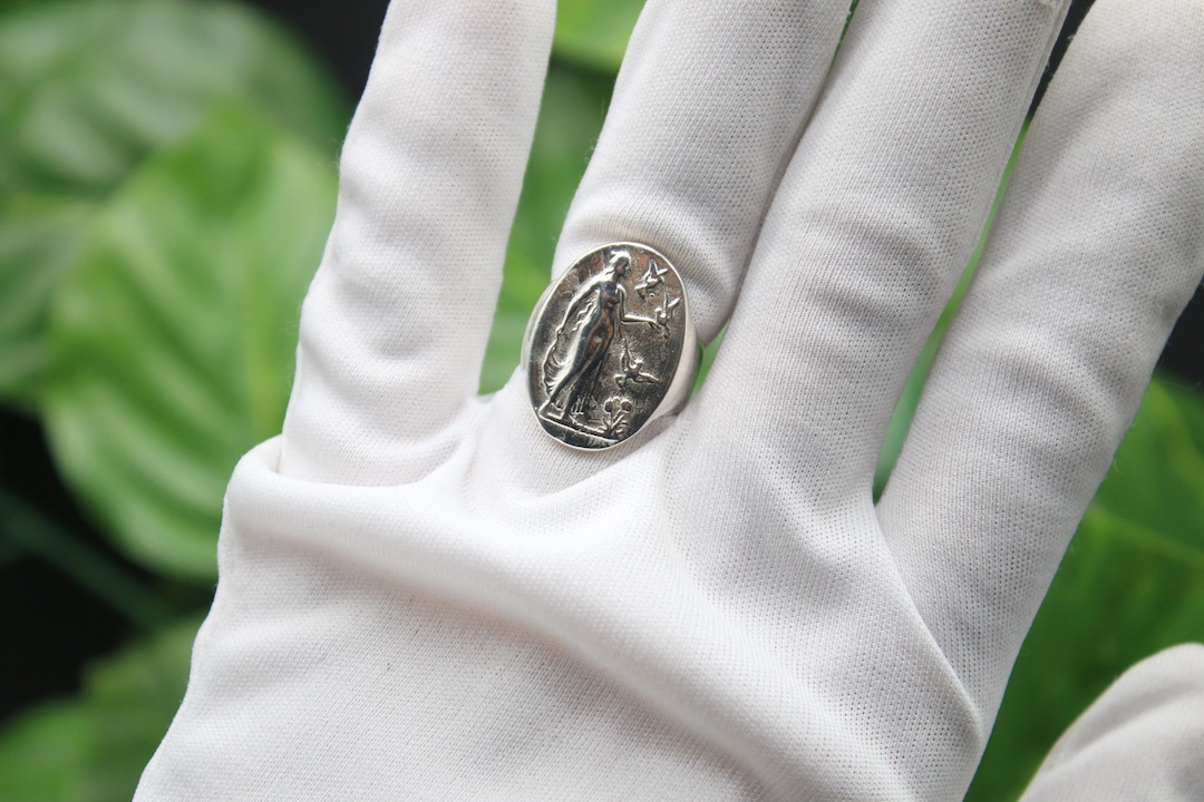Aphrodite and Dove Signet Ring, Greek Coin Jewelry, Handmade Silver ...