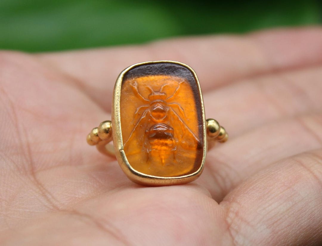 14k Solid Gold Bee Intaglio Ring, Handmade Amber Glass Signet, Nature ...