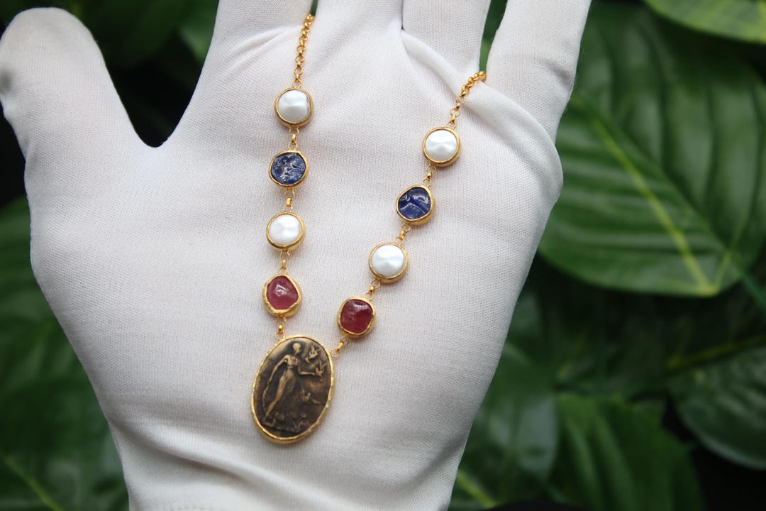 50cm Chain Aphrodite Coin Necklace With Sapphire, Ruby, and Pearl ...