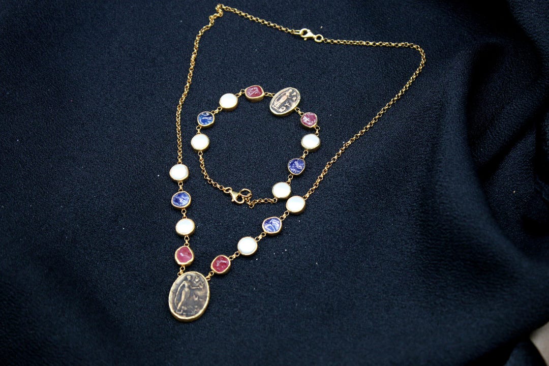 50cm Chain Aphrodite Coin Necklace and Bracelet With Sapphire, Ruby ...