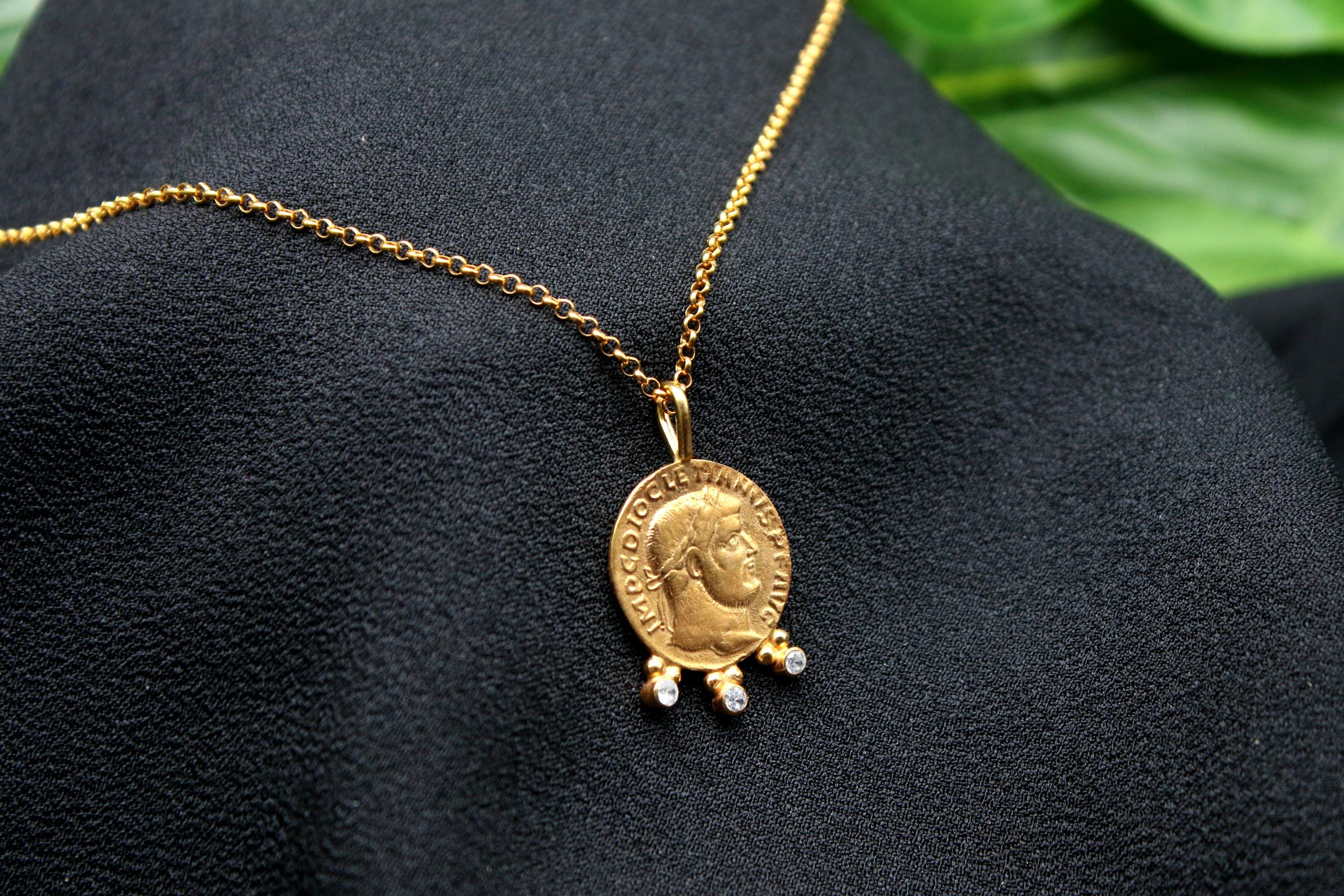 50cm Chain Roman Emperor Caesar Coin Medallion Necklace, Gold Plated ...