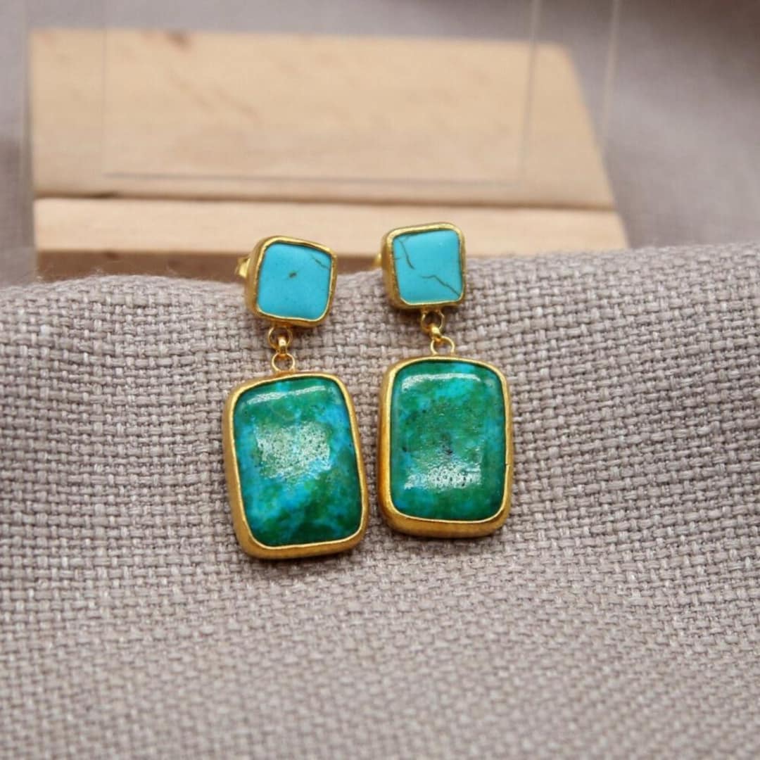 Handmade Turquoise and Malachite Earrings, Gold Plated Silver Dangle Jewelry, Elegant Statement ...