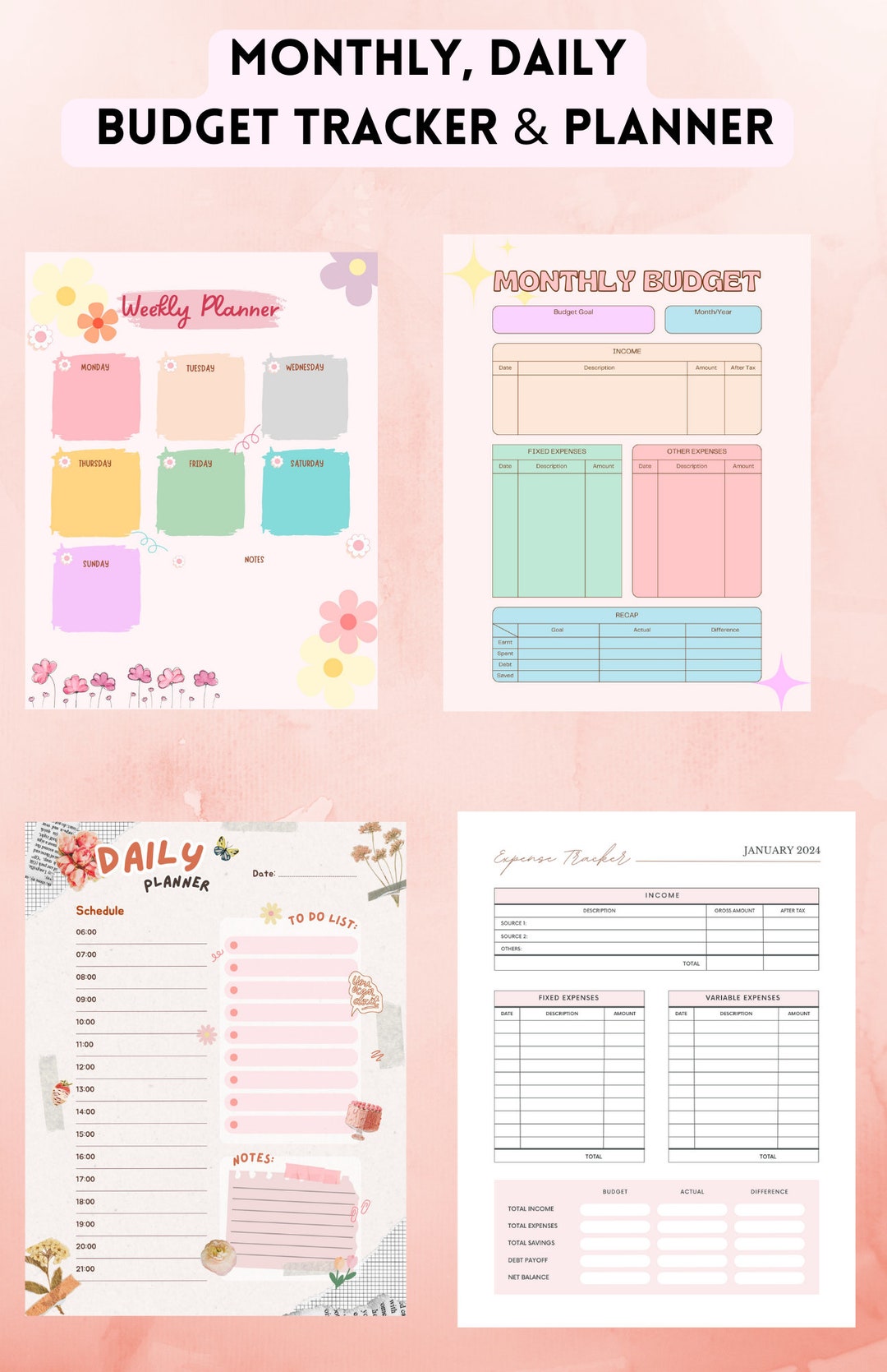 Cute Pink Girly Expense Tracker Template - Etsy