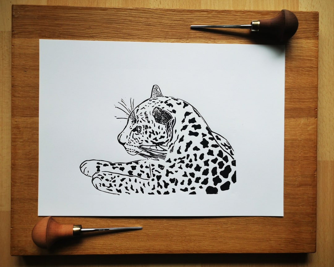 Original Linocut Leopard Lino Print, A4 Lino Handmade Image and Printed ...