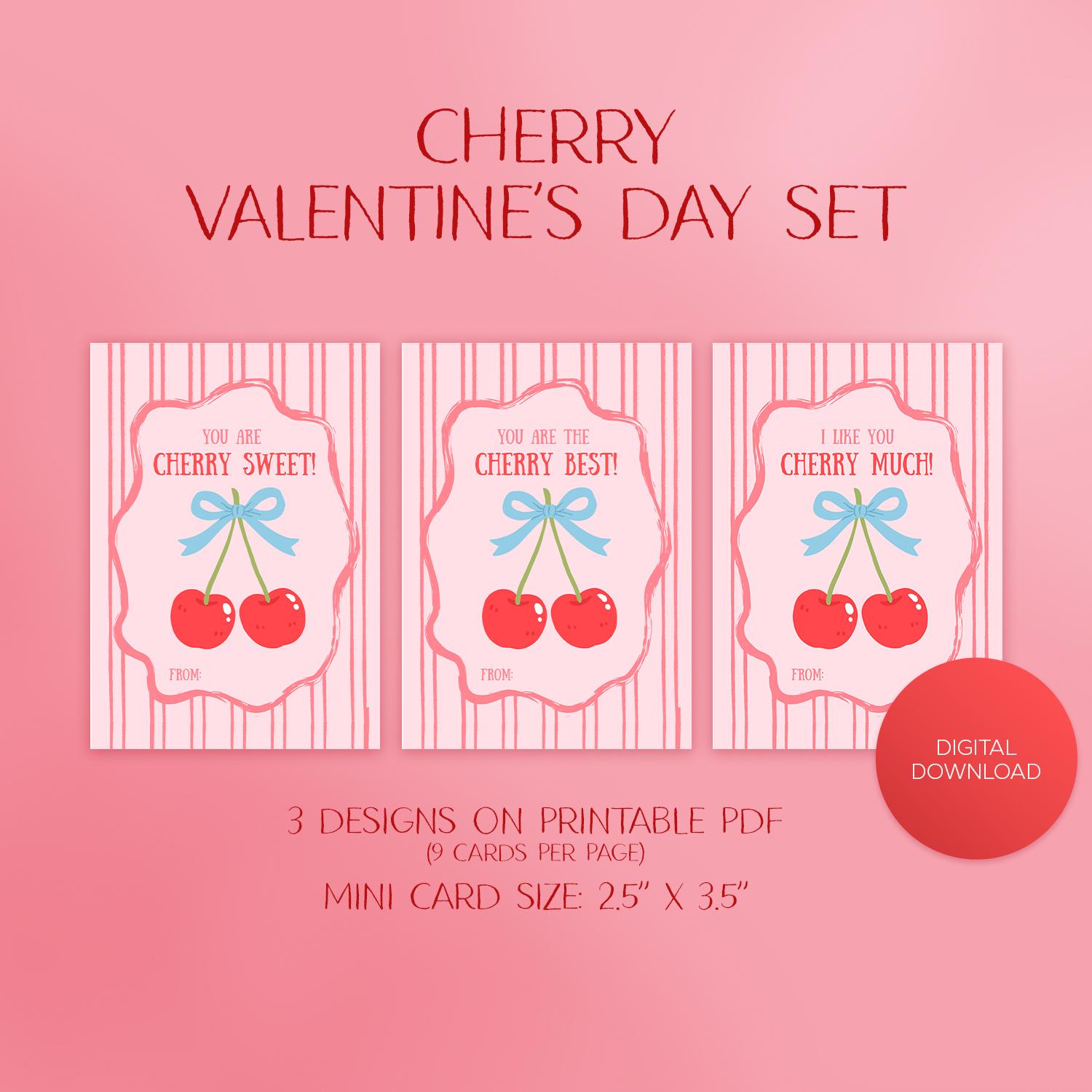 Cherry Valentine's Day Cards, Pink Printable Set (digital Download) - Etsy