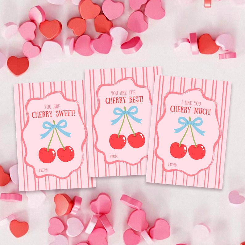Cherry Valentine's Day Cards, Pink Printable Set (digital Download) - Etsy