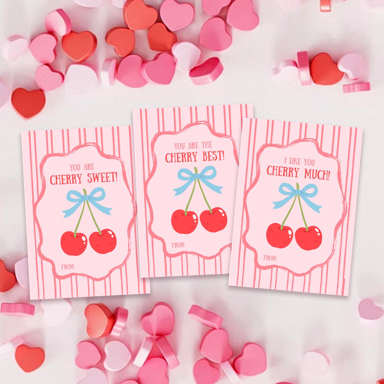 Cherry Valentine's Day Cards, Pink Printable Set (digital Download) - Etsy