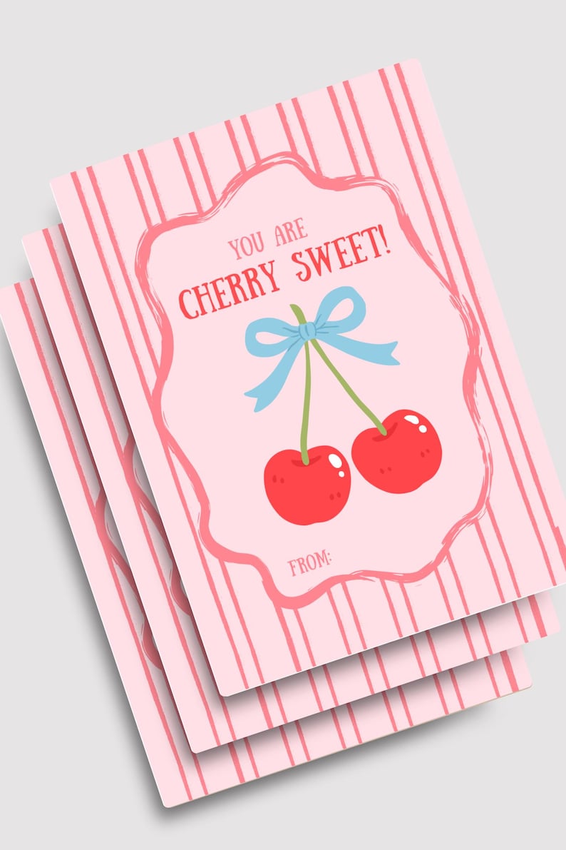 Cherry Valentine's Day Cards, Pink Printable Set (digital Download) - Etsy