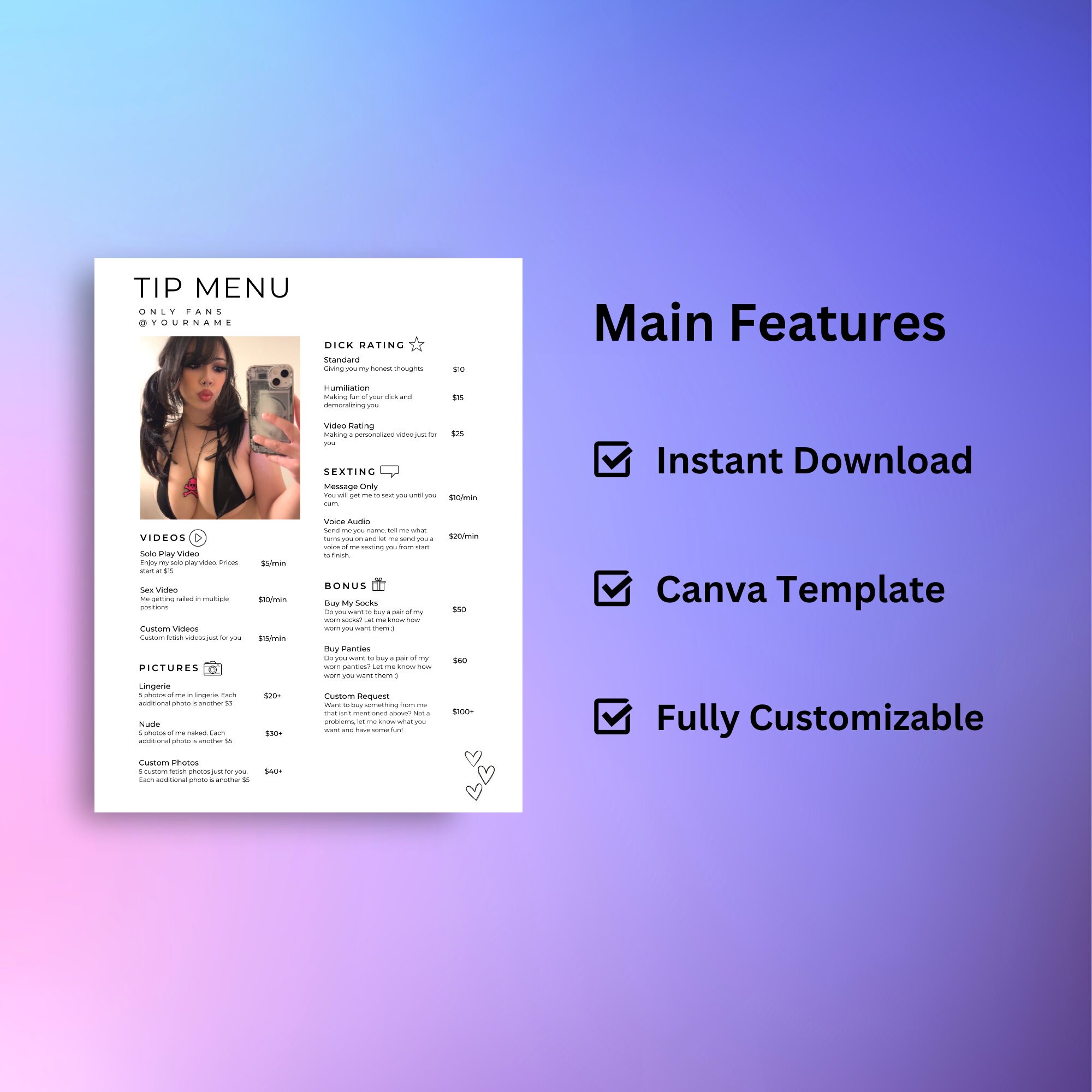 Onlyfans Tip Menu | Editable Template | Canva Template | Tip Menu ...