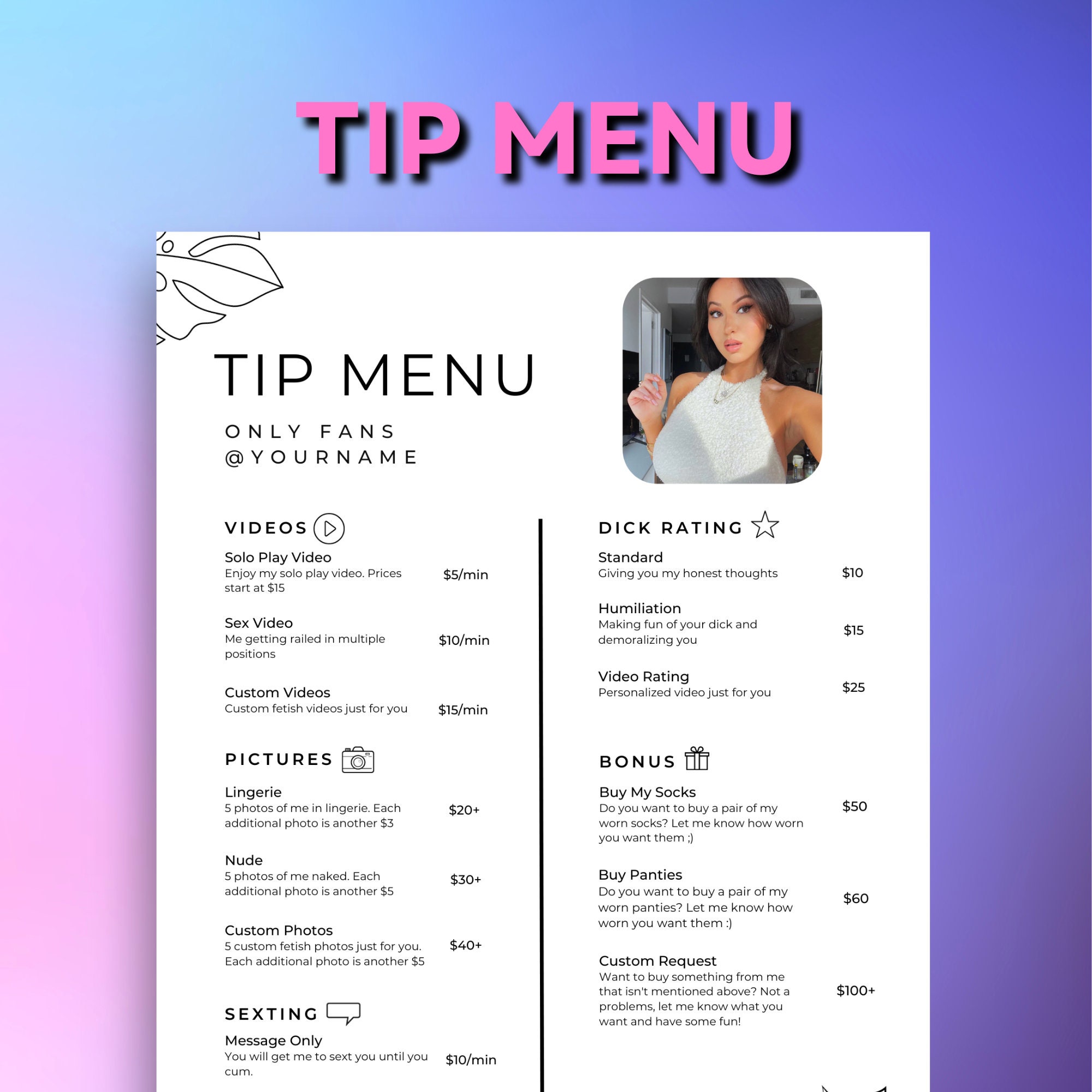 Onlyfans Tip Menu Editable Template Canva Template Tip - Etsy
