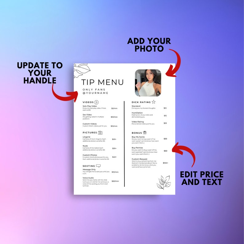 Onlyfans Tip Menu | Editable Template | Canva Template | Tip Menu ...