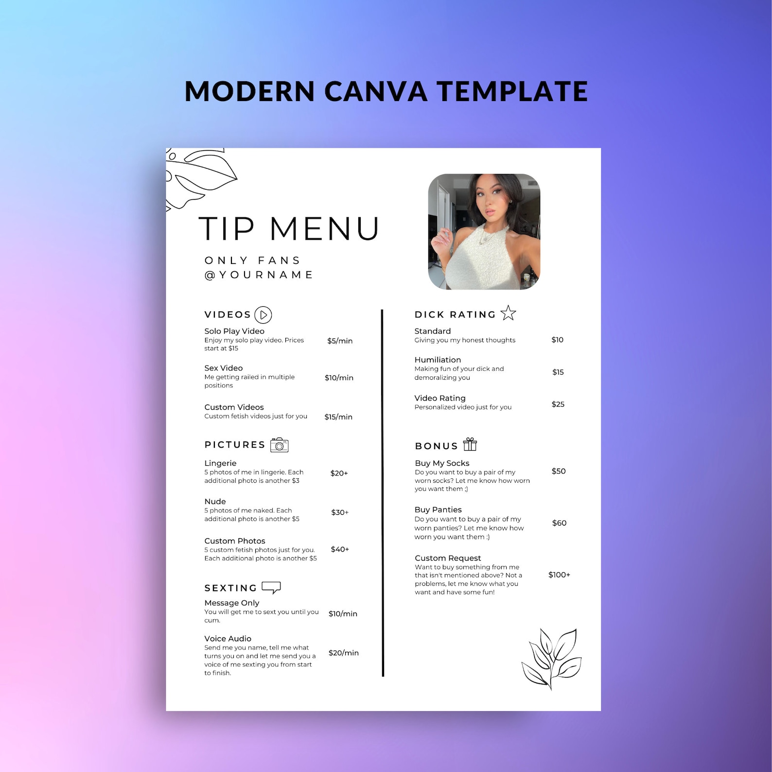 Onlyfans Tip Menu | Editable Template | Canva Template | Tip Menu ...