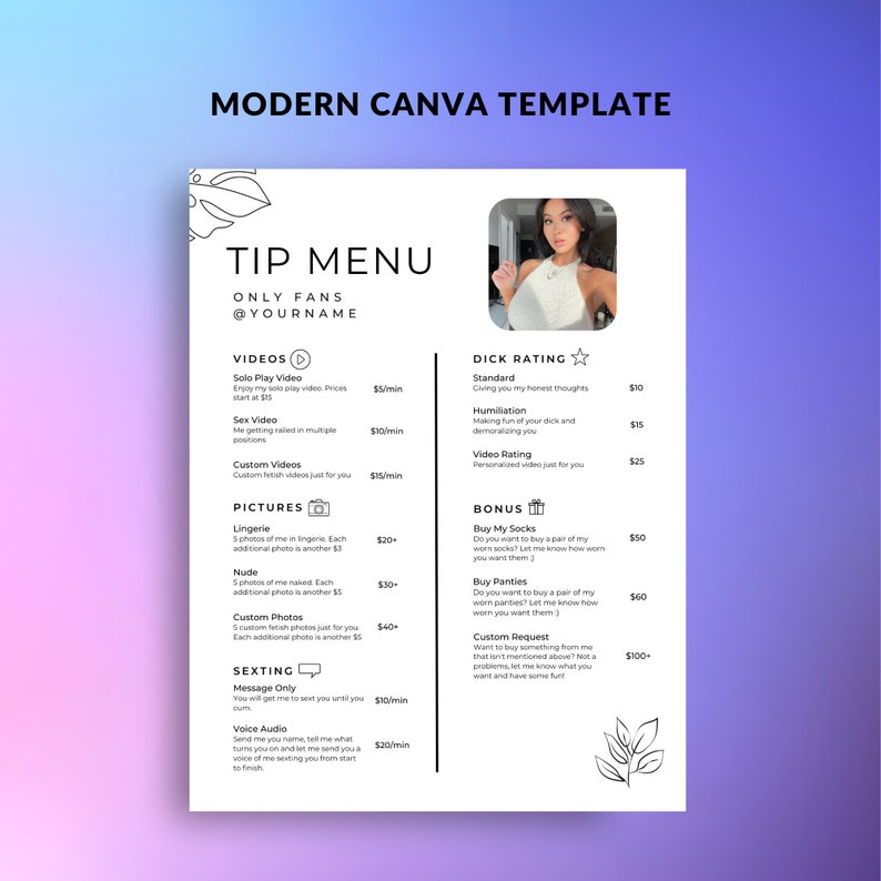 Onlyfans Tip Menu | Editable Template | Canva Template | Tip Menu ...