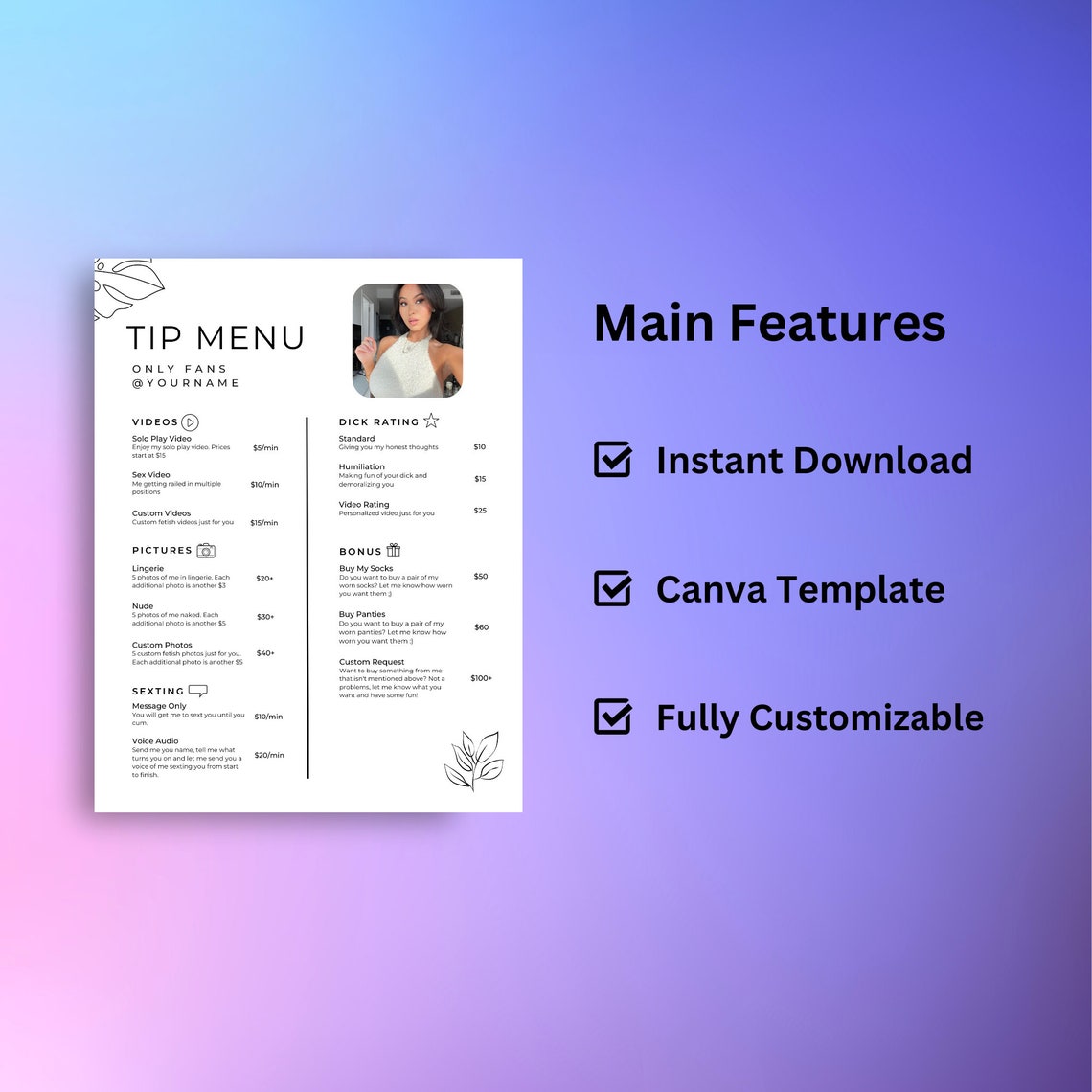 Onlyfans Tip Menu | Editable Template | Canva Template | Tip Menu ...