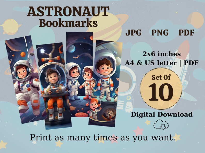 Printable Astronaut Bookmark | Digital Download Space Themed Bookmarks ...
