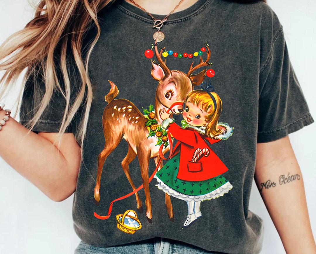 Retro Christmas Girl and Reindeer Shirt, Vintage 1950'S Christmas T ...