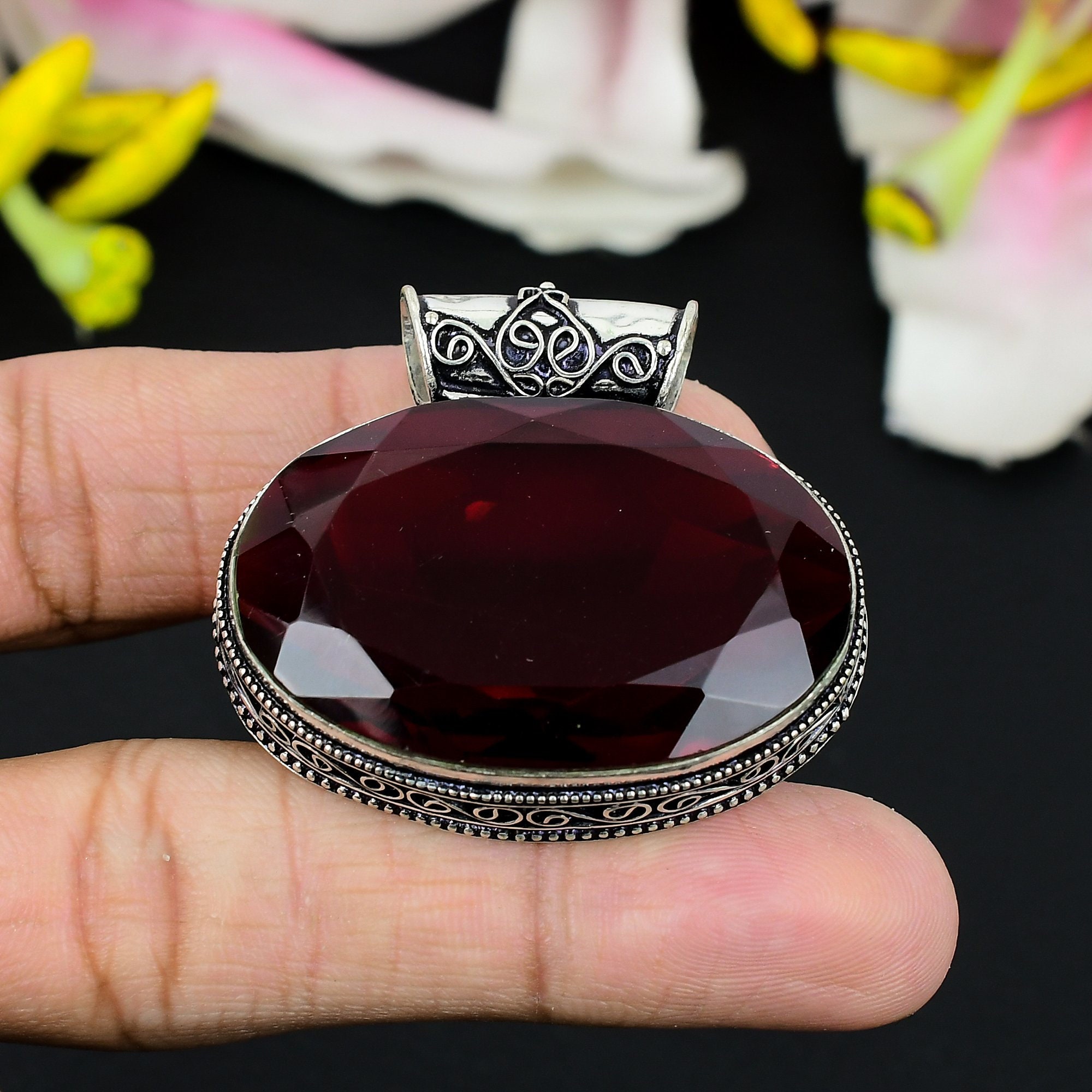 Faceted Red Garnet Pendant 925 Sterling Silver Pendant Dainty Vintage ...