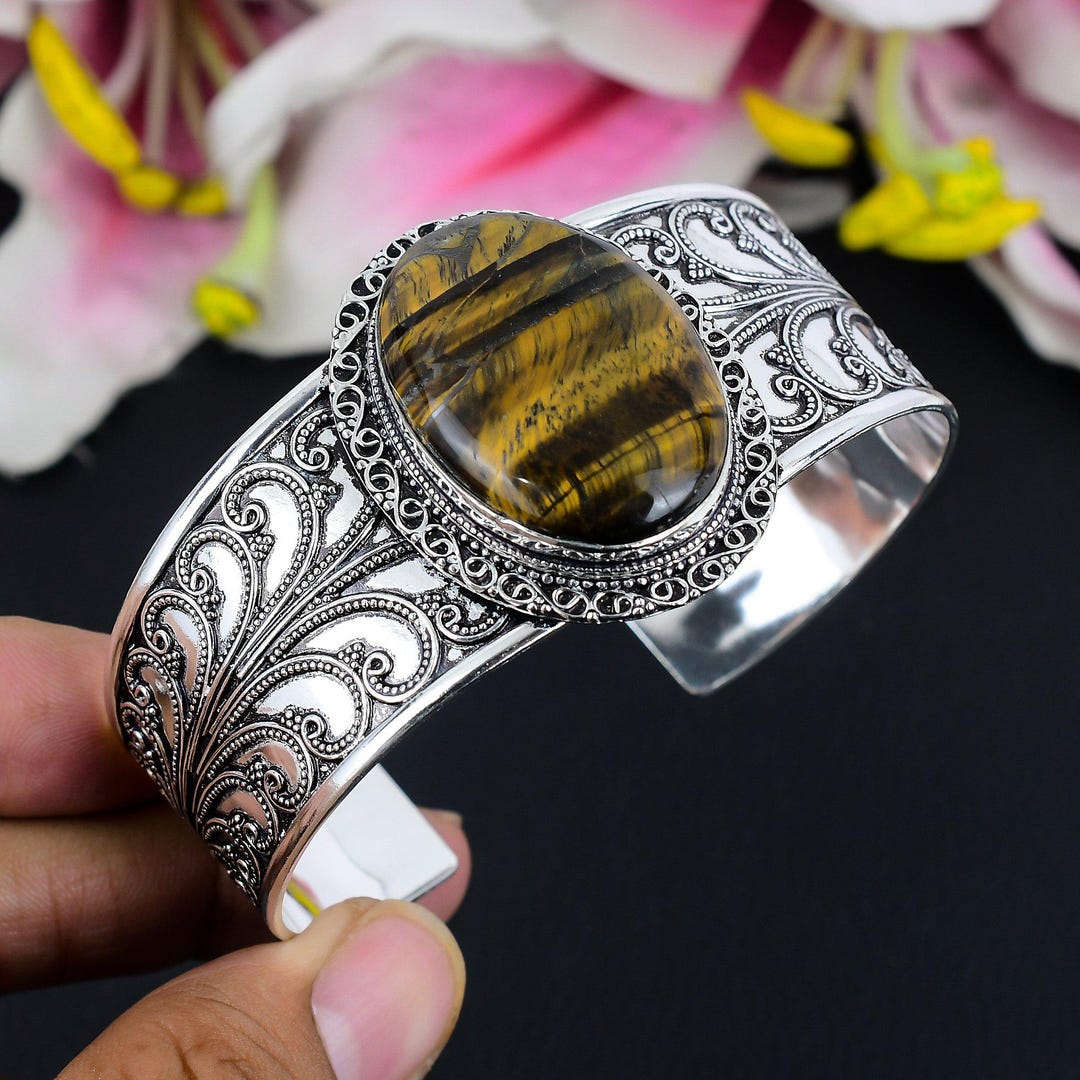 Tiger's Eye Gemstone Bangle Handmade 925 Sterling Silver Bangle Tiger's ...