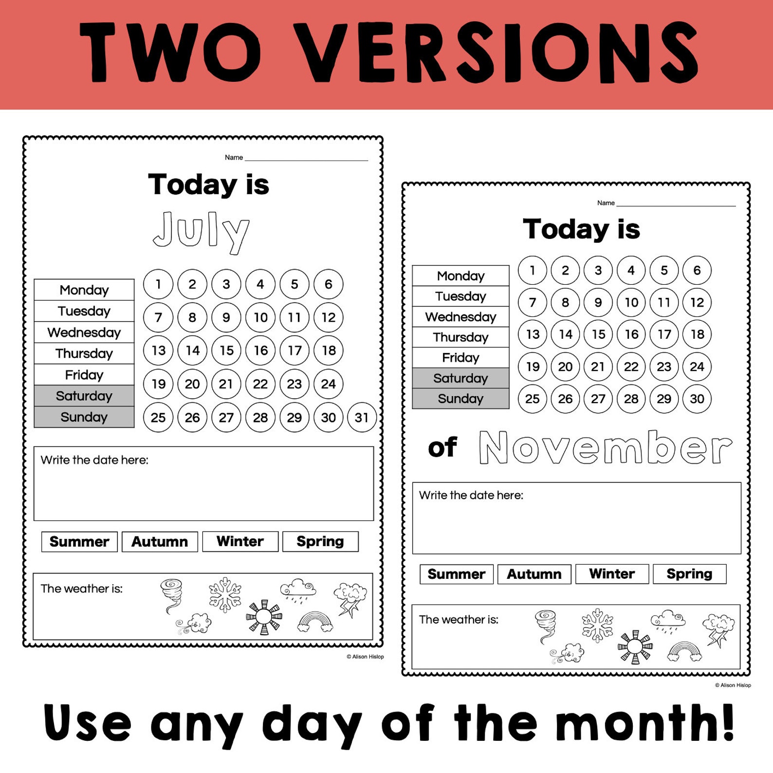Daily Calendar Worksheets - Including Dates, Days, Months, Seasons and ...