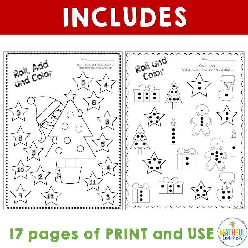 Christmas Math Worksheets - Roll & Color by Number - Kindergarten and ...