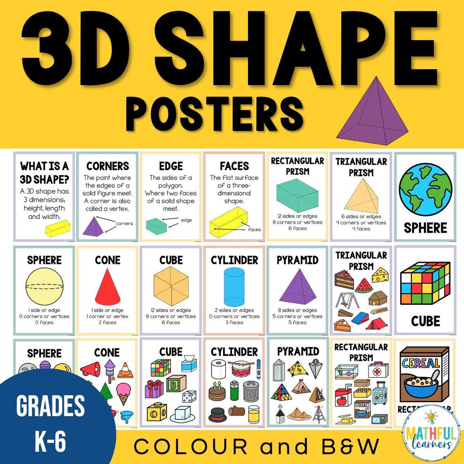 3D Shape Posters - Side, Vertices, Faces - Real Life Math Terminology ...