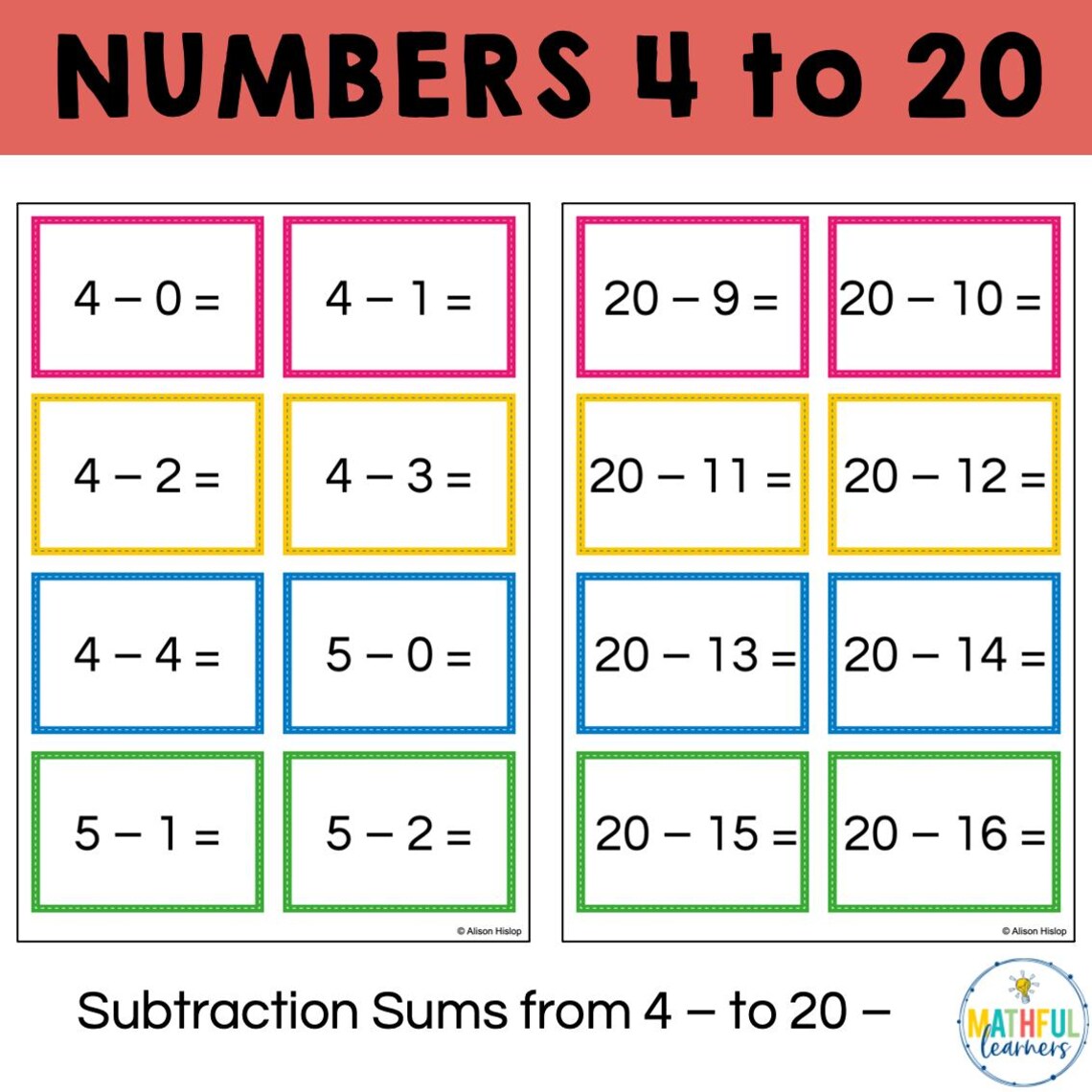 Subtraction Task Cards - Sums for Games, Activities and Fast Finishers ...
