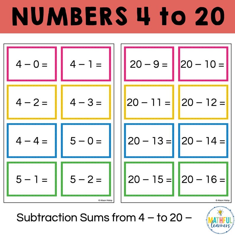 Subtraction Task Cards - Sums for Games, Activities and Fast Finishers ...