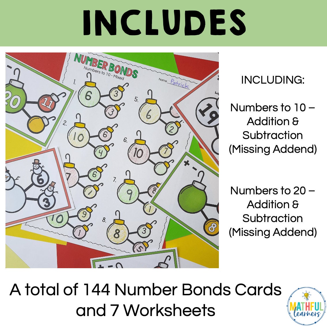 Number Bonds Worksheet and Task Cards: Christmas - Addition and ...