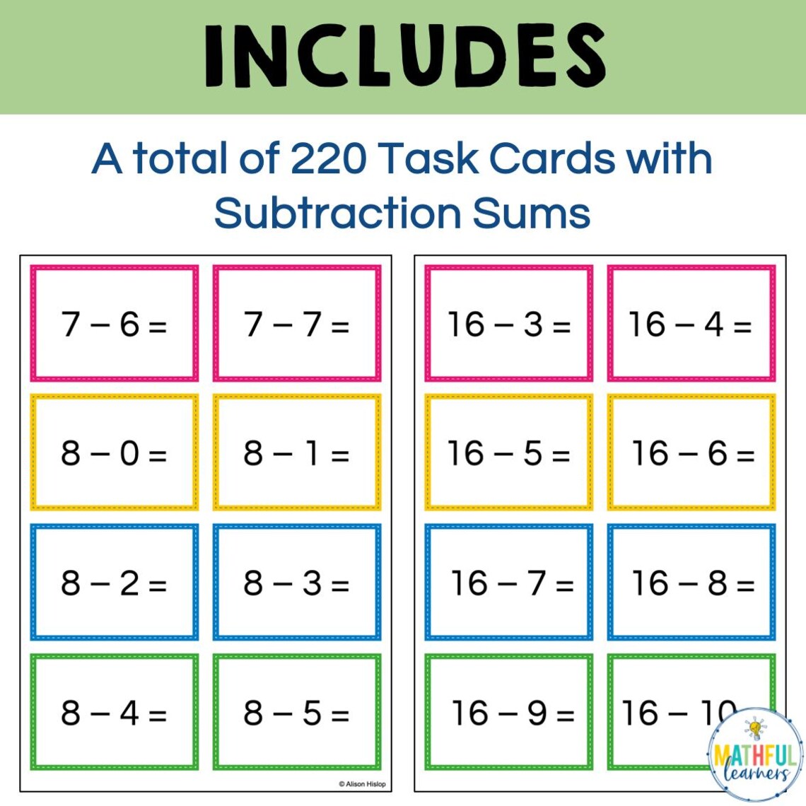 Subtraction Task Cards - Sums for Games, Activities and Fast Finishers ...