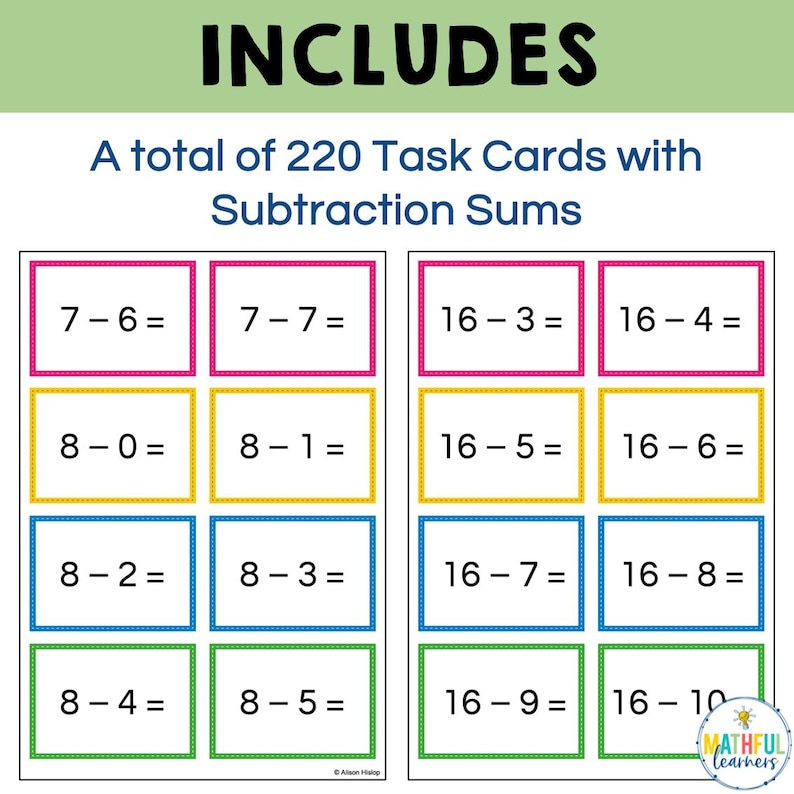 Subtraction Task Cards - Sums for Games, Activities and Fast Finishers ...