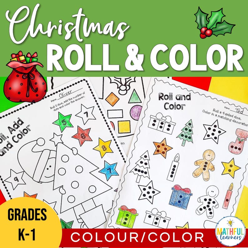 Christmas Math Worksheets - Roll & Color by Number - Kindergarten and ...