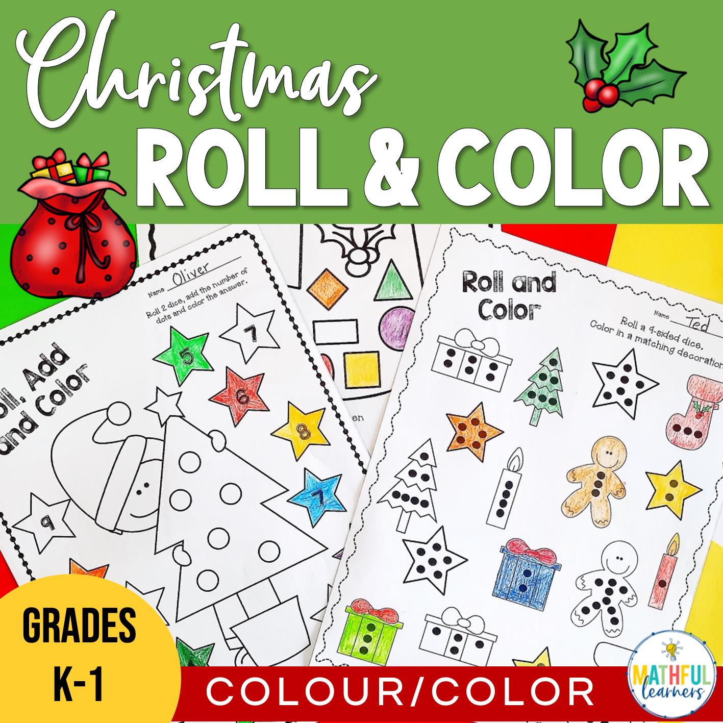Christmas Math Worksheets Roll & Color by Number Kindergarten and 1st ...