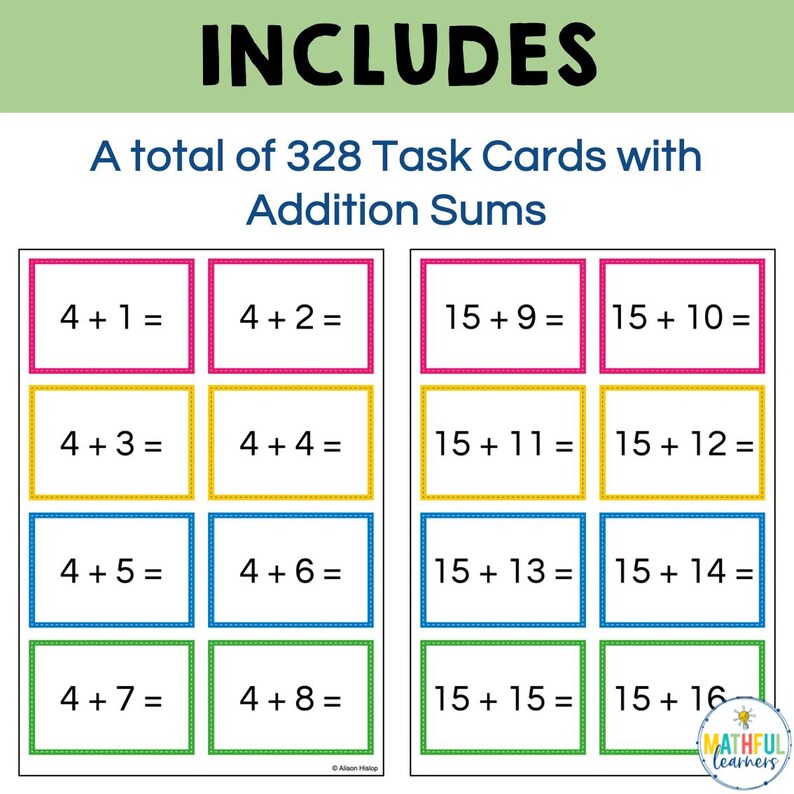 Addition Task Cards - Addition Sums for Games, Activities and Early ...