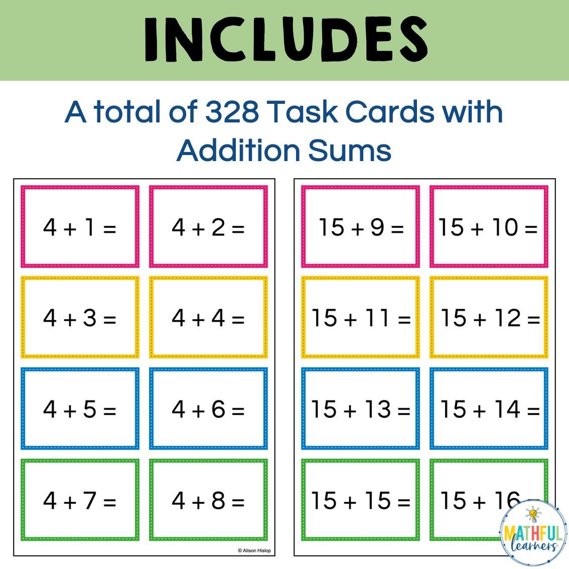 Addition Task Cards - Addition Sums for Games, Activities and Early ...