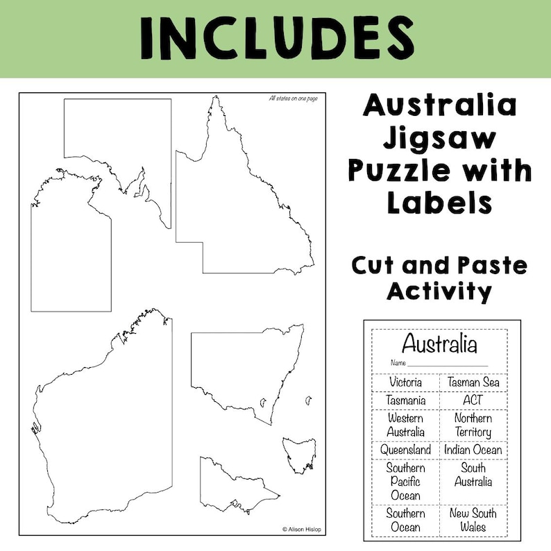 Australia Map - State & Country Jigsaw Puzzle Worksheets - Cut and ...