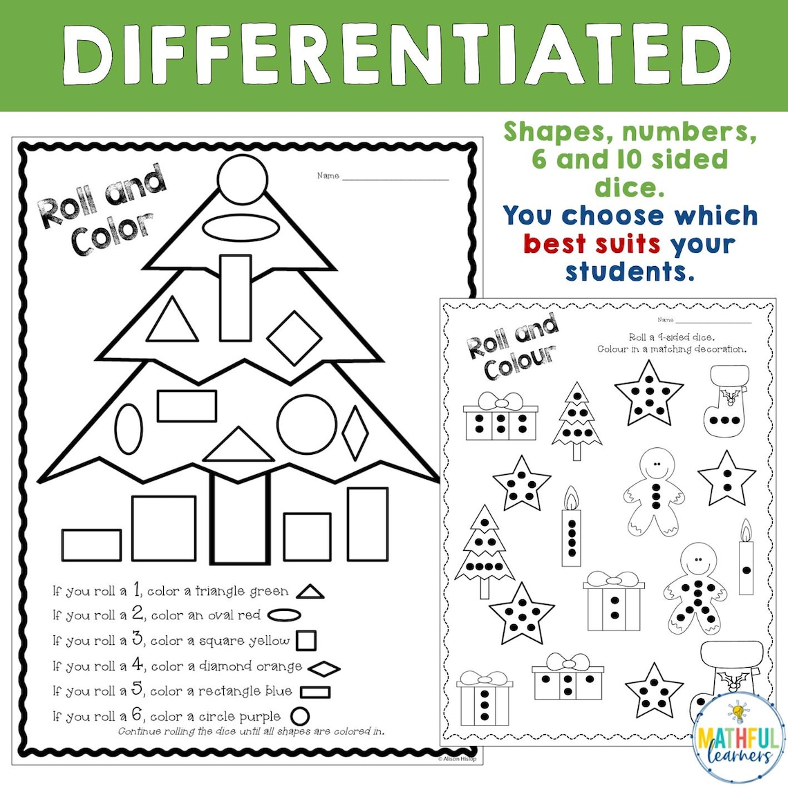 Christmas Math Worksheets - Roll & Color by Number - Kindergarten and ...