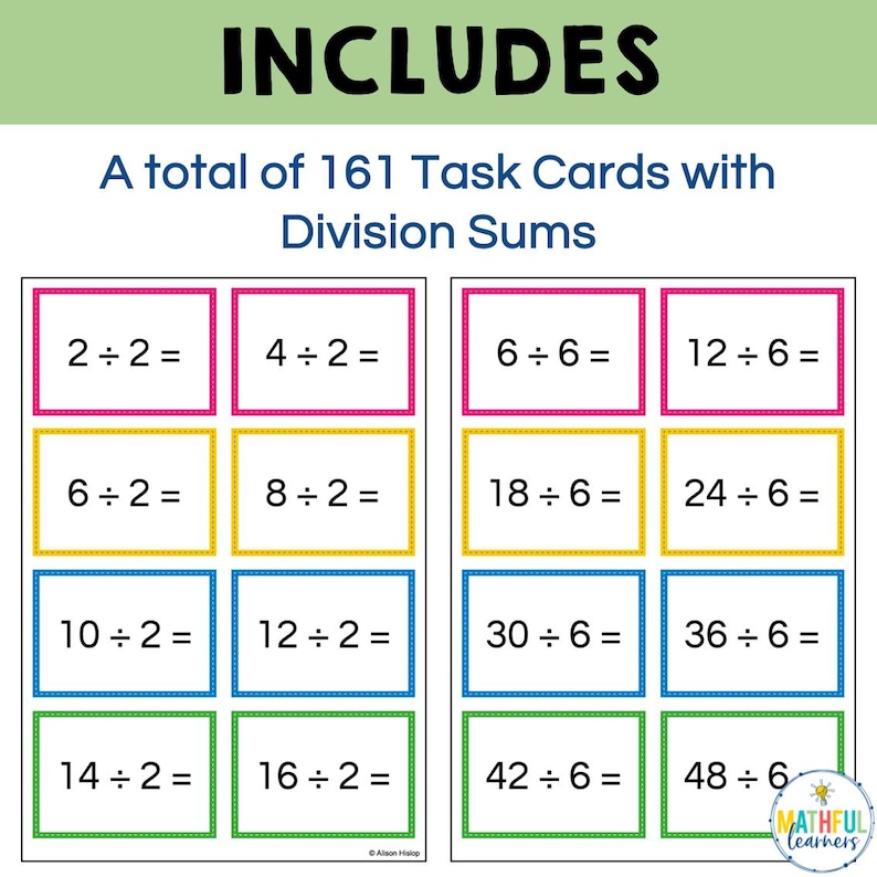 Division Task Cards - Division Sum Cards for Games and Activities ...