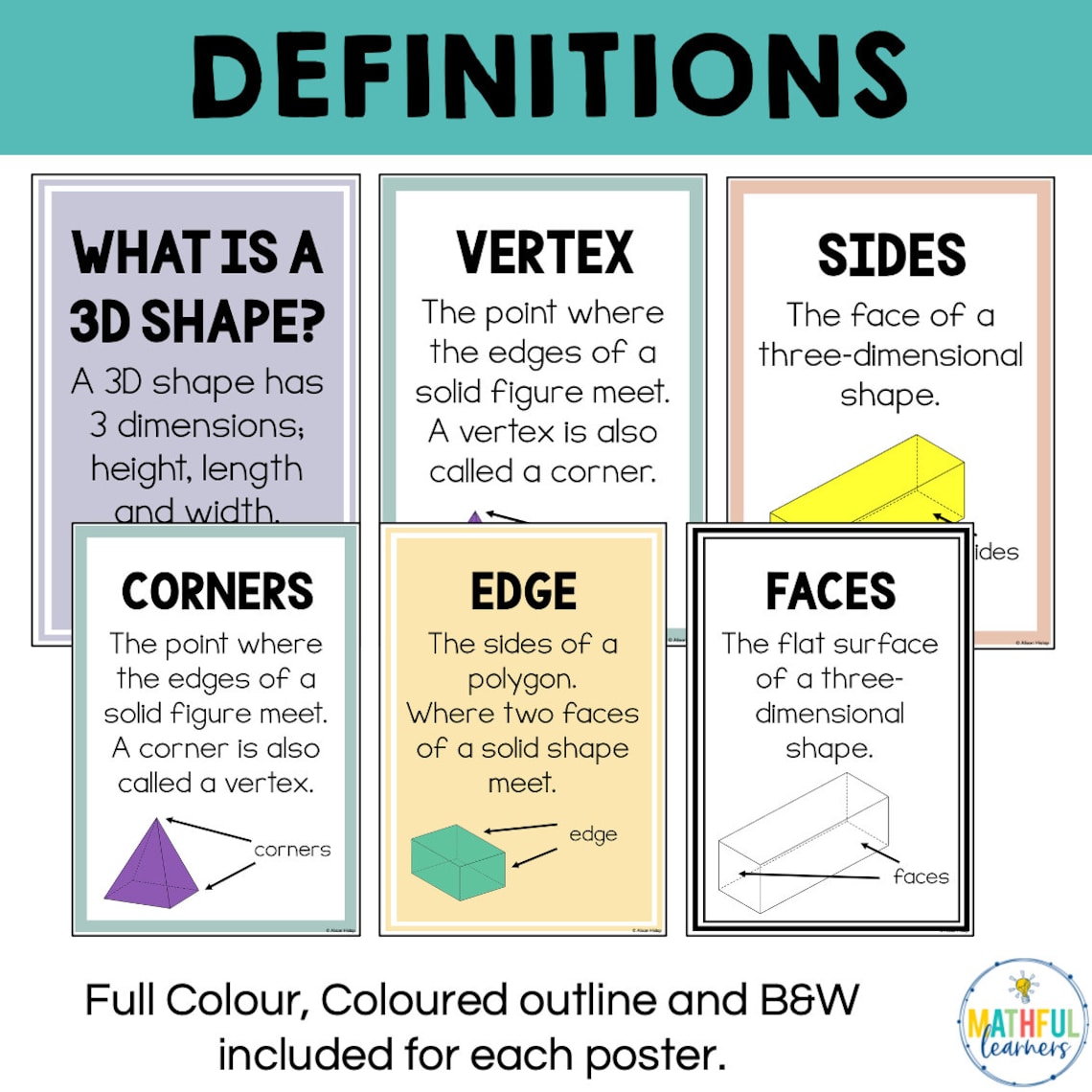3D Shape Posters - Side, Vertices, Faces - Real Life Math Terminology ...