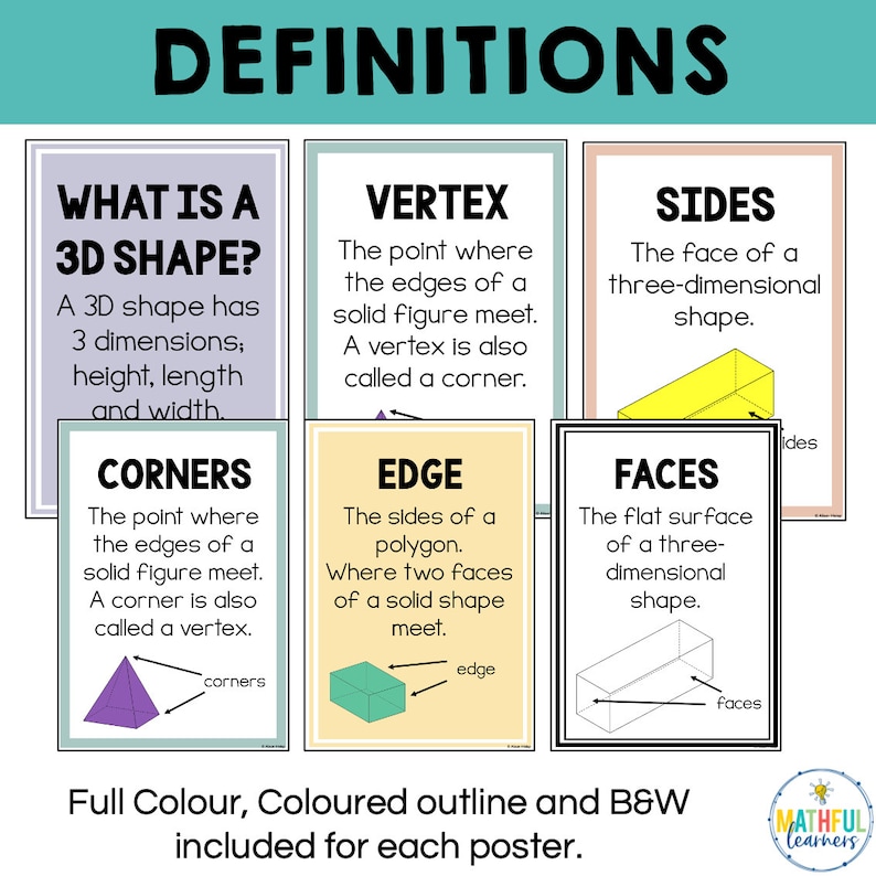 3D Shape Posters - Side, Vertices, Faces - Real Life Math Terminology ...