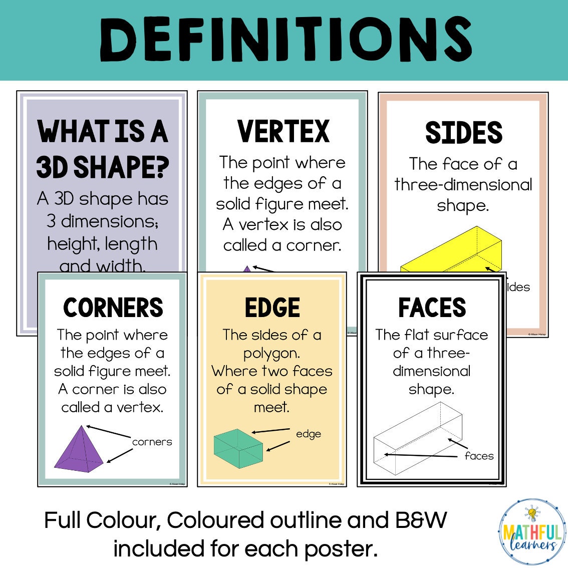 3D Shape Posters - Side, Vertices, Faces - Real Life Math Terminology ...