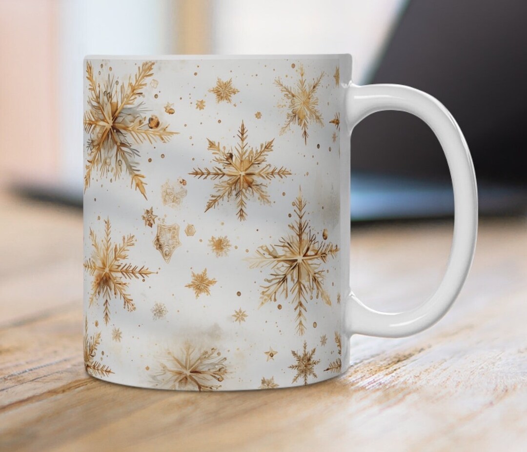 Christmas Mug Sparkly, Golden Christmas Snowflake Ceramic Mug, Festive ...