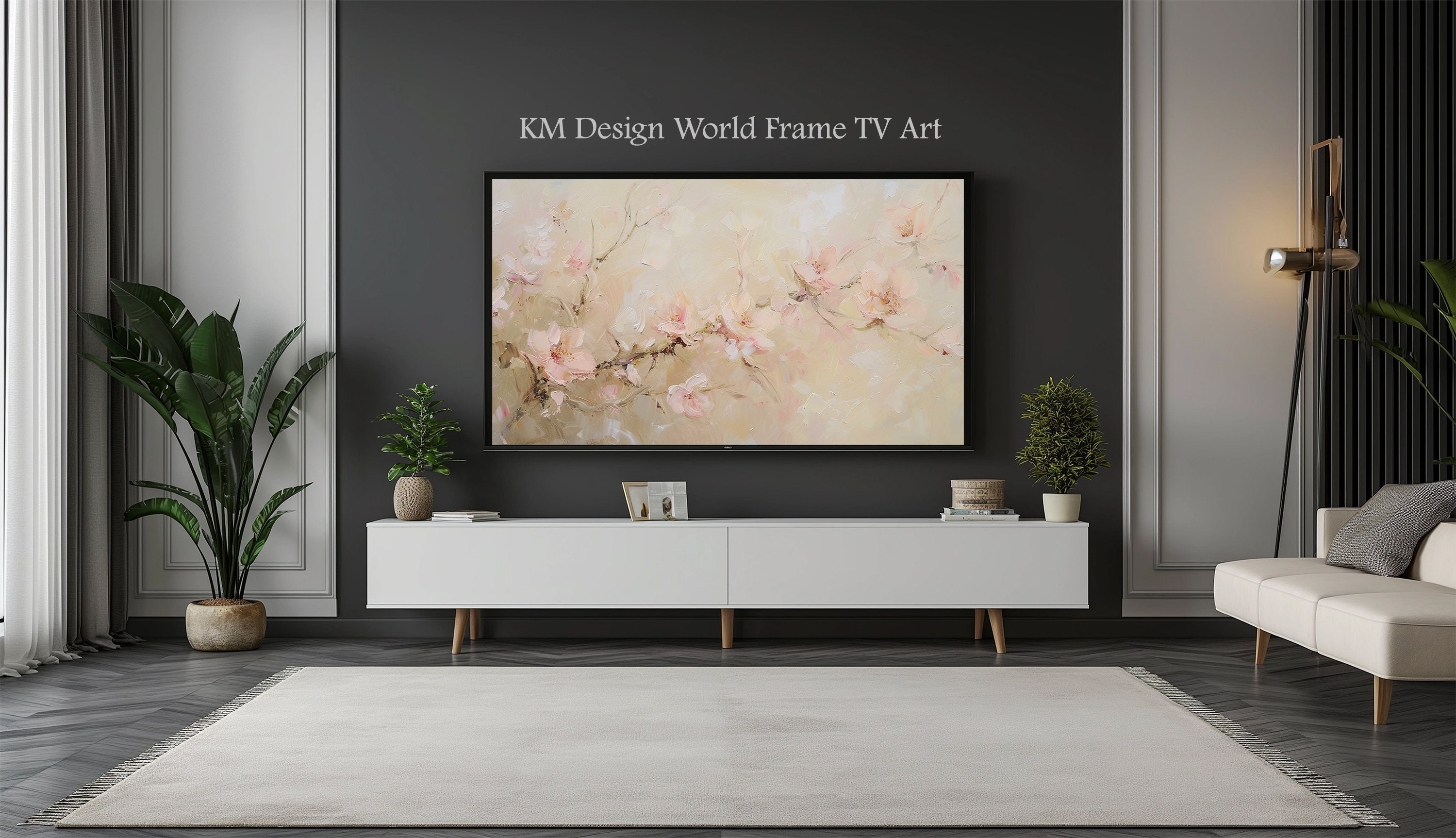 FRAME TV Art Pink Beige Colour Japanese Cherry Blossoms Oil Painting ...