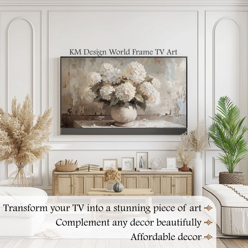 FRAME TV Art Oil Painting Rustic White Hydrangeas in Vase Spring ...