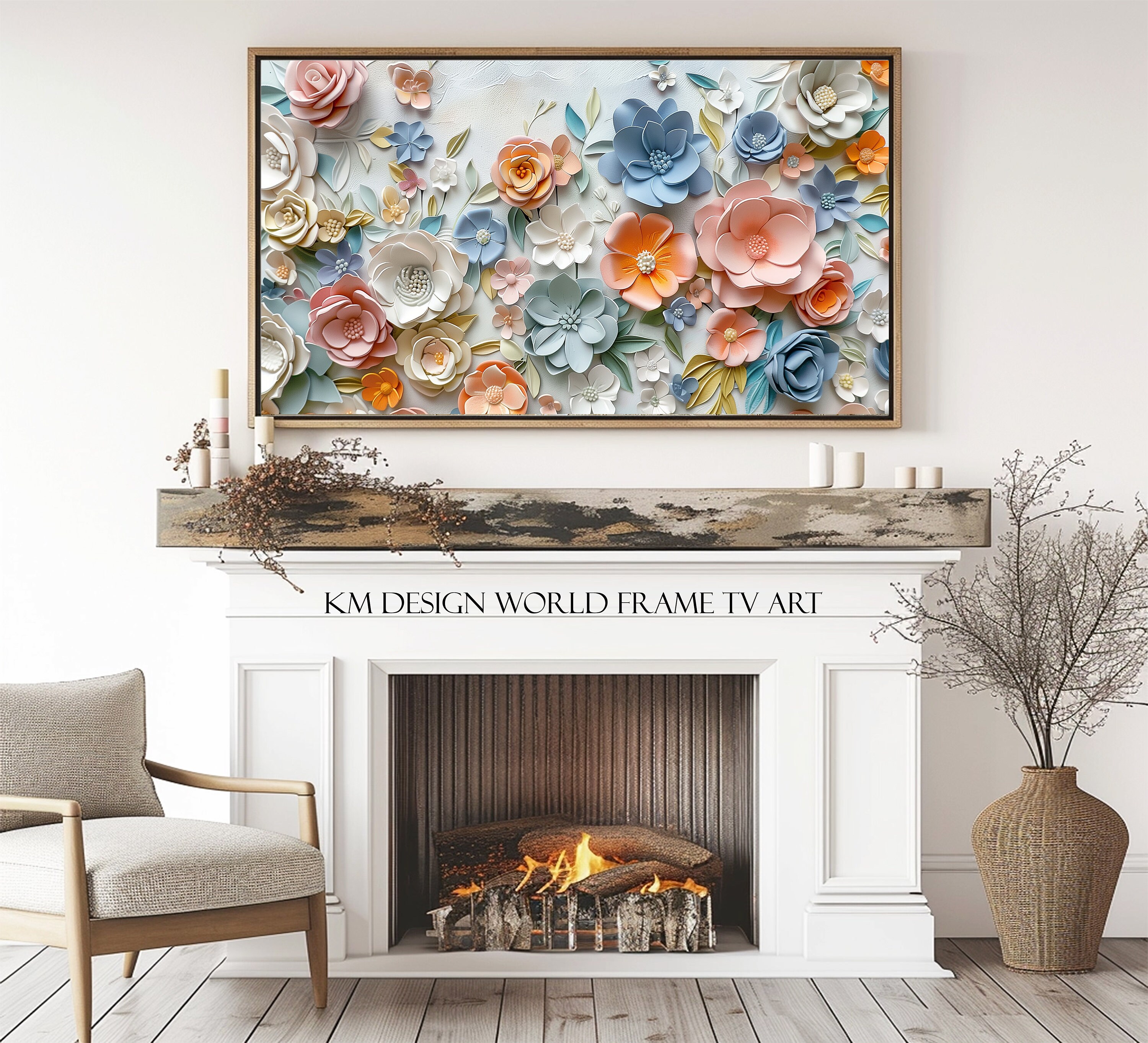 Frame TV Art 3D Textured Pastel Floral Painting Pink Blue Peach Flowers ...