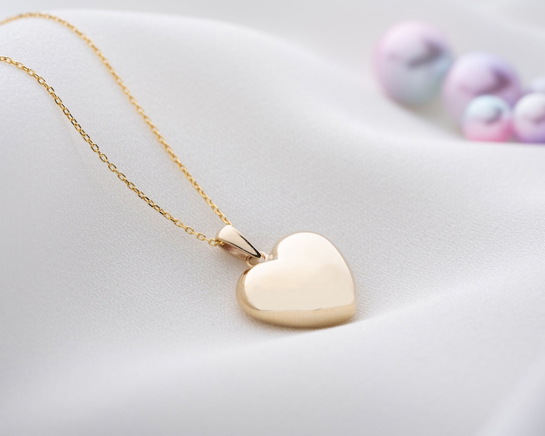 14K Solid Heart Necklace • 14K Real Love Necklace • Dainty Heart Shaped ...