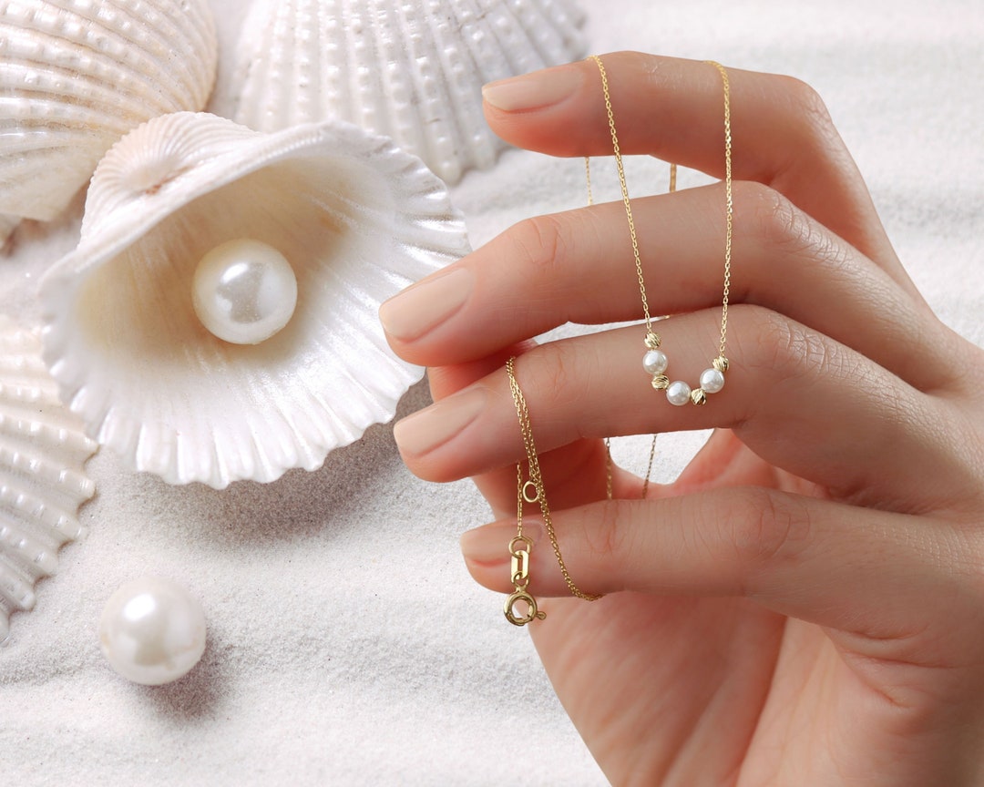 14K Solid Gold Pearl Bead Necklace, 14K Real Gold Freshwater Pearl Necklace, Minimalist Peal ...